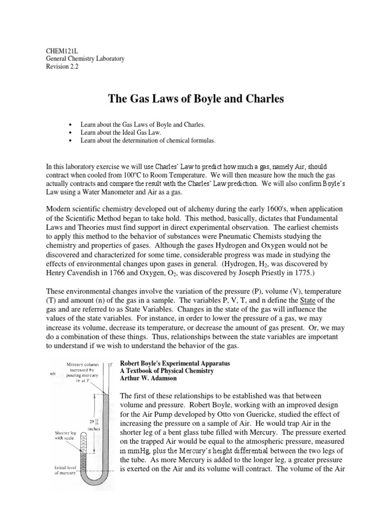The Gas Laws of Boyle and Charles: CHEM121L General Chemistry ...