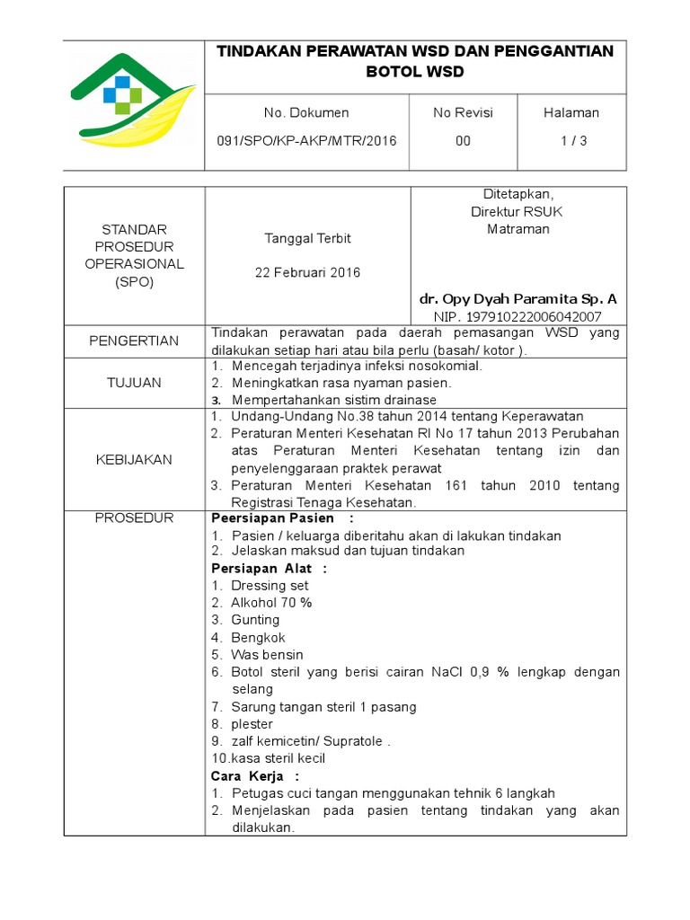 Spo Tindakan Perawatan WSD Dan Penggantian Botol WSD | PDF