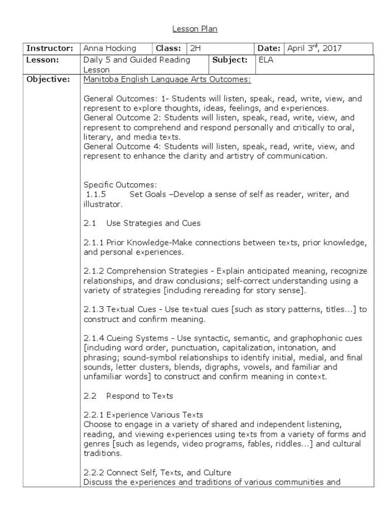 Grade 2 Daily 5 Lesson Plan | PDF | Reading Comprehension | Reading ...
