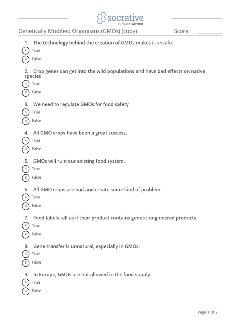 Gmo Claim True-False Quiz - Socrative | PDF