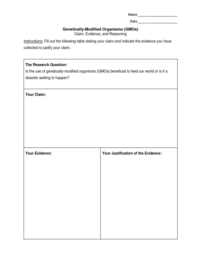 Gmos Claim Evidence and Reasoning - Graphic Organizer | PDF | Science ...