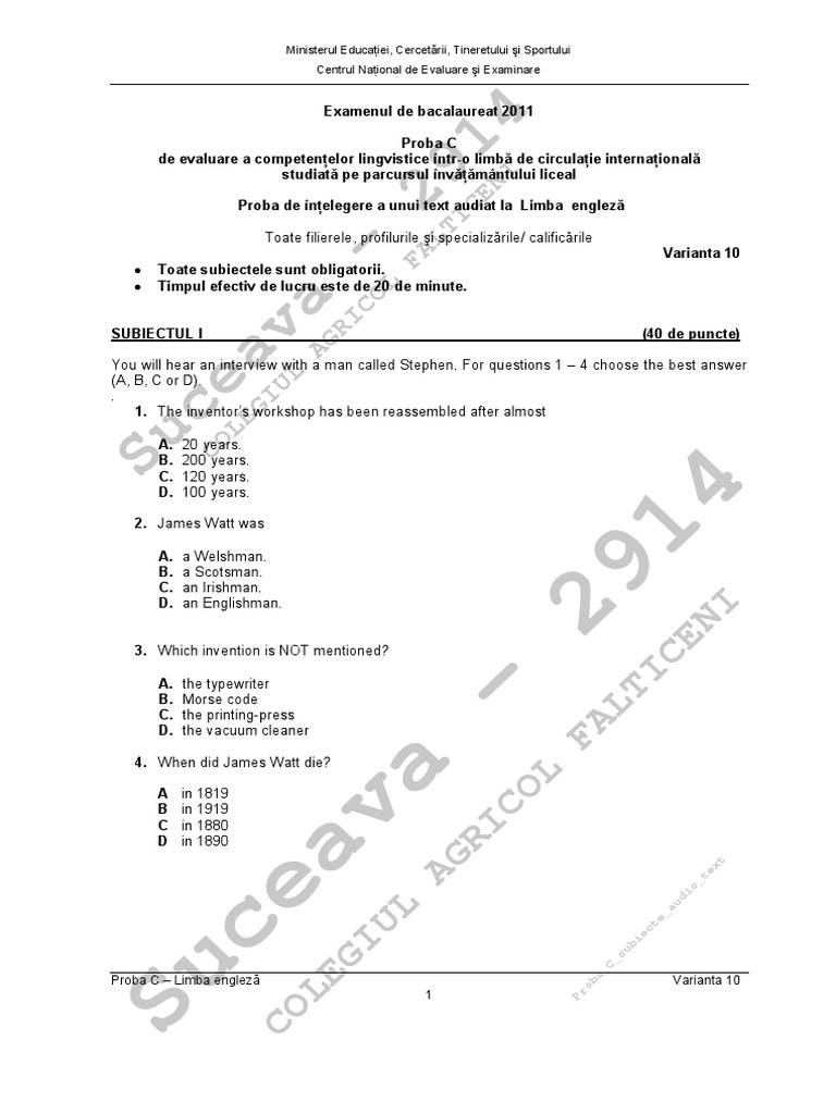 Proba C Engleza Audio Text Subiect 10 PDF | PDF