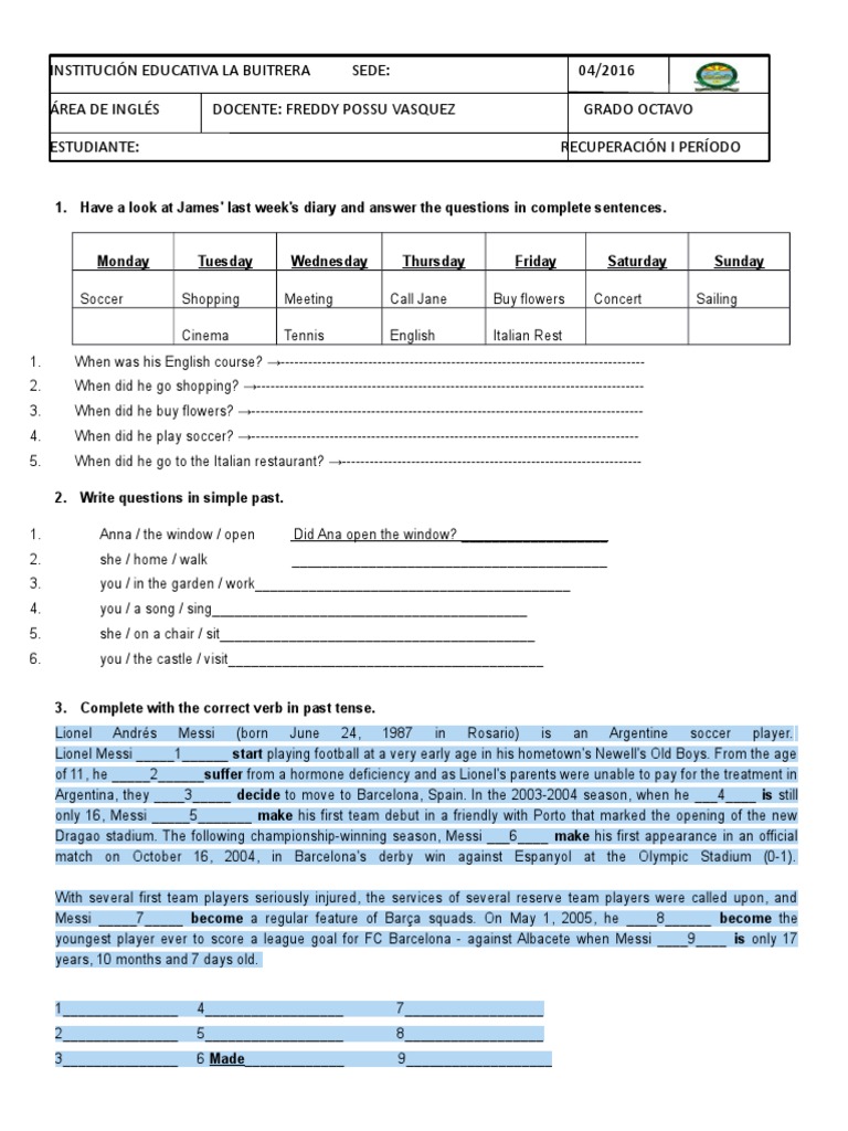 Have A Look at James' Last Week's Diary and Answer The Questions in ...