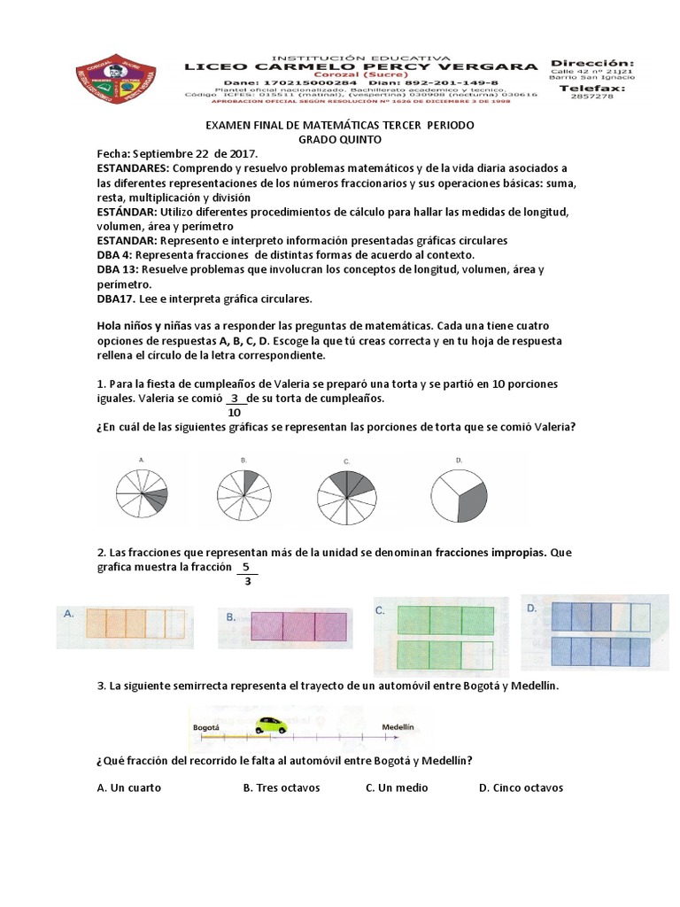 EXAMEN FINAL DE MATEMÁTICAS TERCER PERIODO - Grado 5° | PDF | Fracción ...
