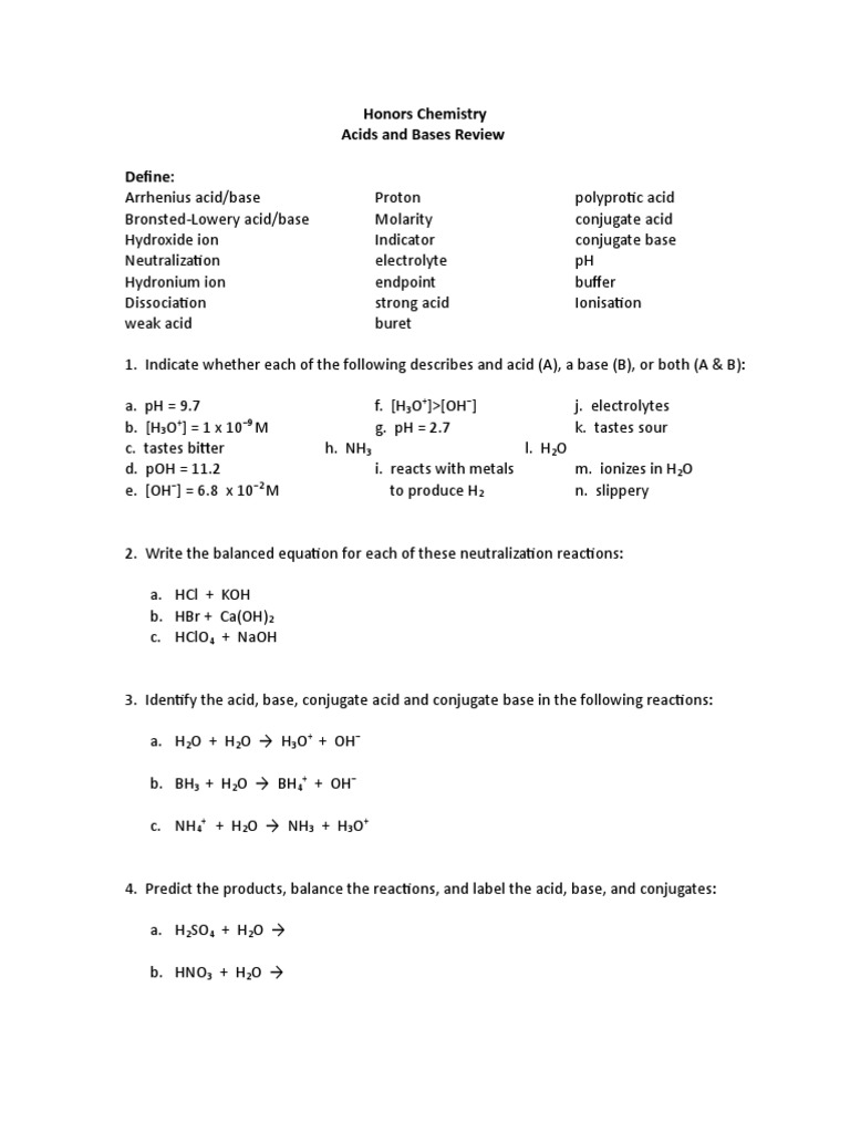 Acids and Bases Review Hon-18 | PDF | Acid | Ph