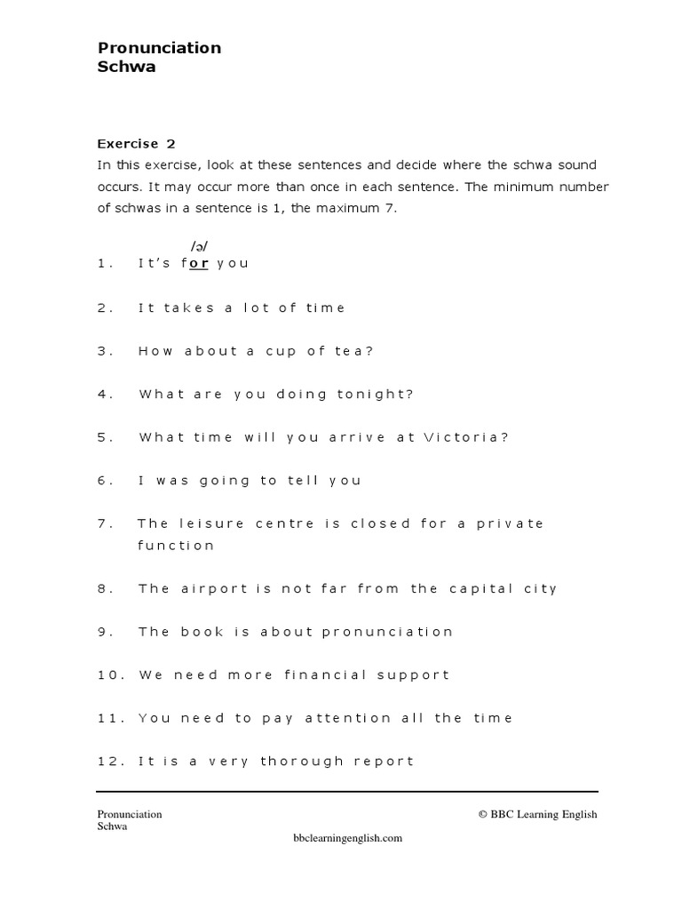 Pronunciation Schwa: Exercise 2 | PDF