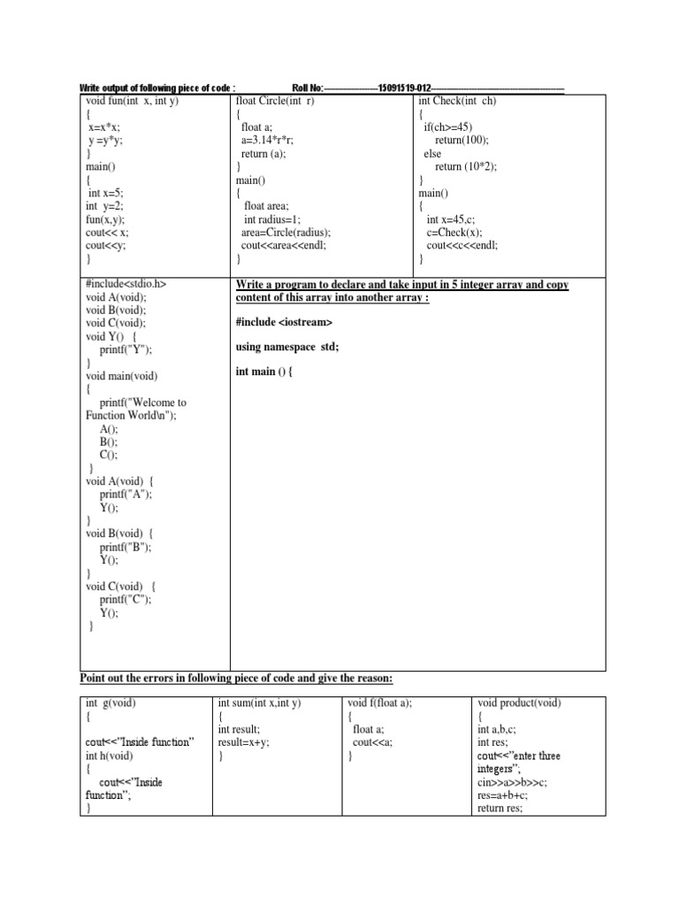 Write Output of Following Piece of Code: Roll No: - 15091519-012 | PDF | Integer (Computer ...