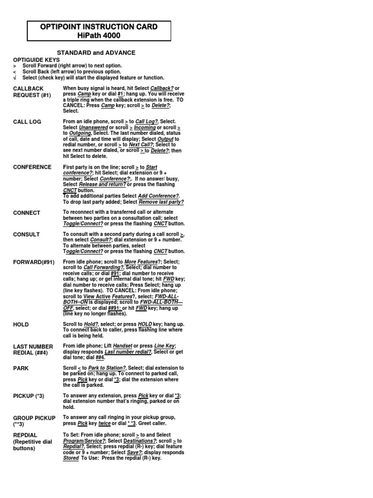 Optipoint Instruction Card Hipath 4000: Standard and Advance | PDF ...