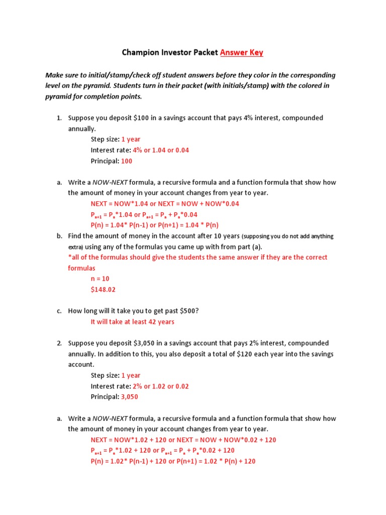 Champion Investor Packet: Answer Key | PDF | Interest | Money