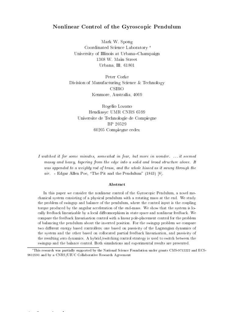 Nonlinear Control of The Gyroscopic Pendulum | PDF | Control Theory ...