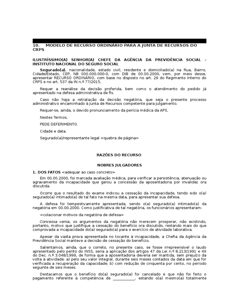 10 - Modelo de Recurso Ordinário para A Junta de Recursos Do Crps | PDF ... 10 - Modelo de Recurso Ordinário para A Junta de Recursos Do Crps | PDF ...