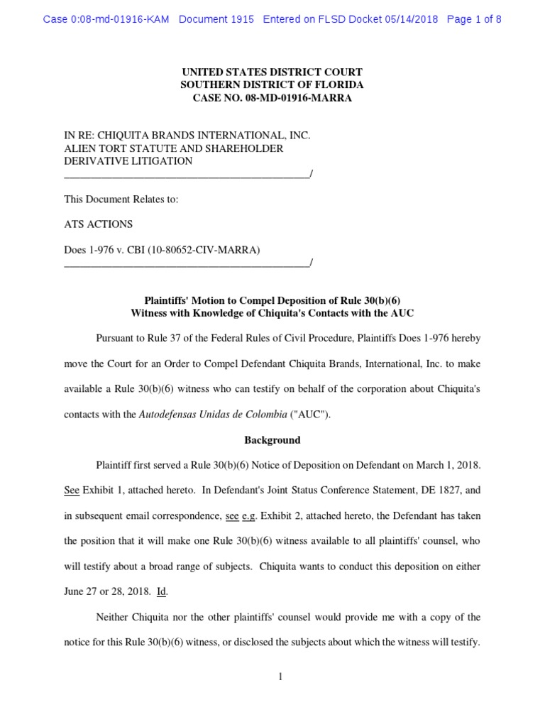 Motion To Compel Rule 30b6 Witness | PDF | Deposition (Law) | Discovery ...
