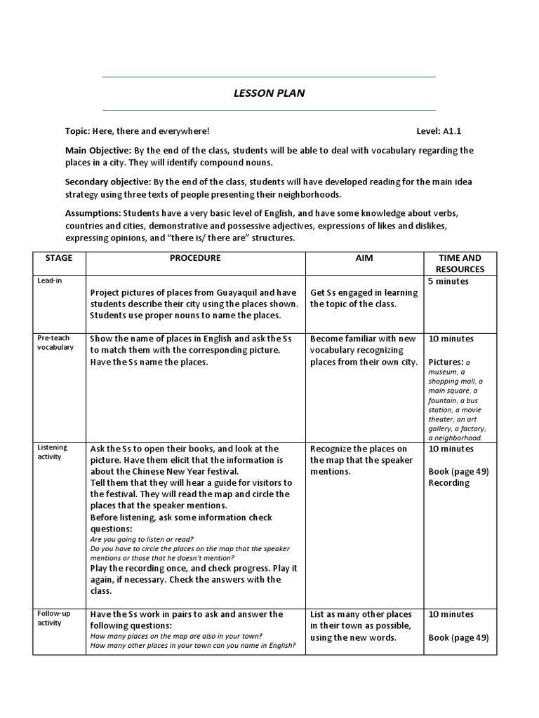 A1.1 Lesson Plan: City Vocabulary | PDF | Question | Stress (Linguistics)