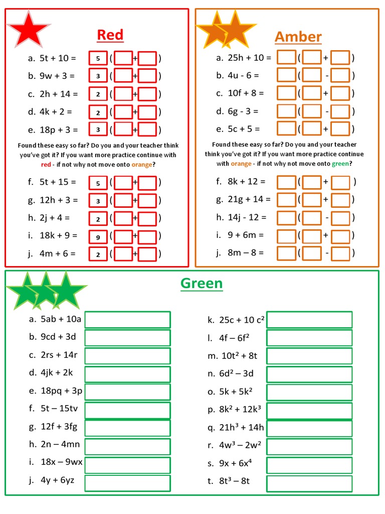 Algebra 1.6 Factorising Linear Differentiated Worksheet | PDF