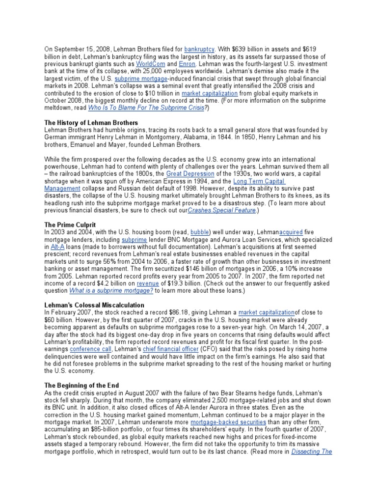 Leh Bros | PDF | Lehman Brothers | Bear Stearns