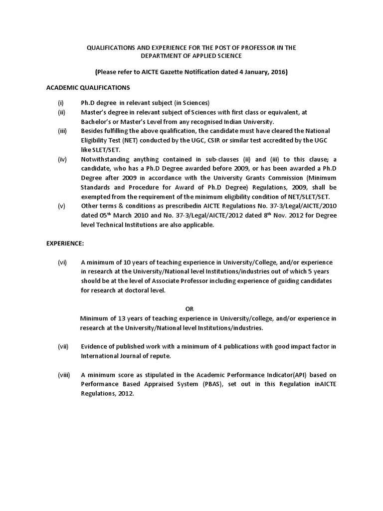 (Please Refer To AICTE Gazette Notification Dated 4 January, 2016) Academic Qualifications ...
