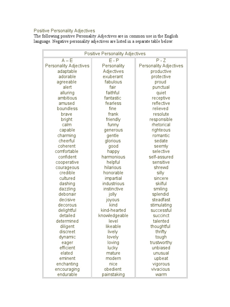 Positive Personality Adjectives | PDF