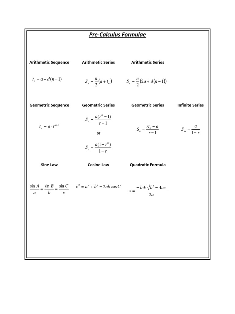 Pre Calculus Formula Sheet | PDF