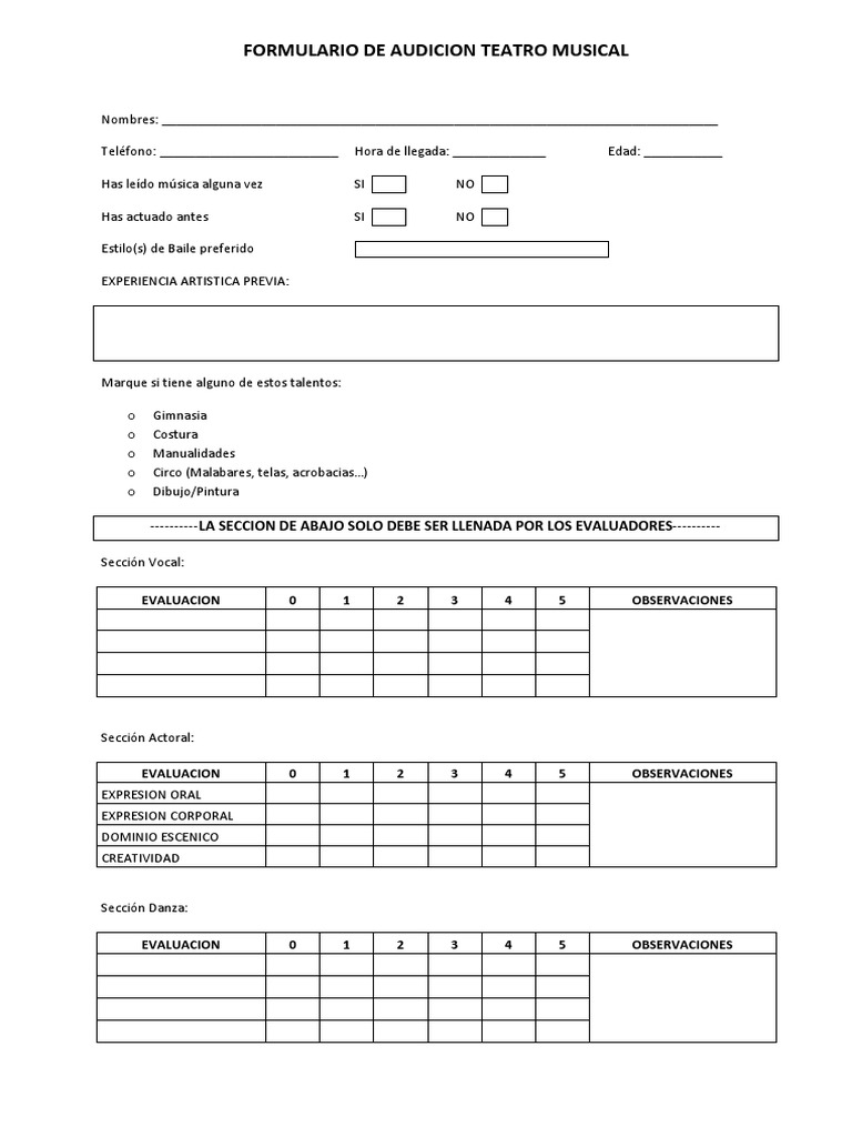 Formulario de Audicion para Teatro Musical | PDF | Arte