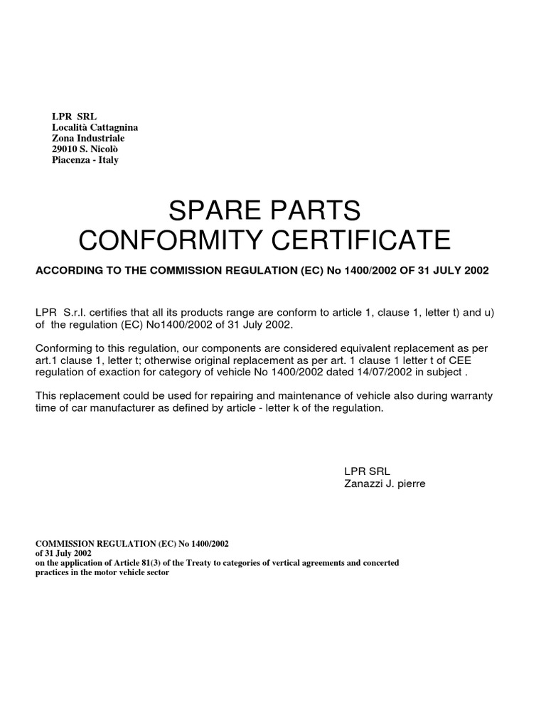 Spare Parts Conformity Certificate: LPR SRL Località Cattagnina Zona ...