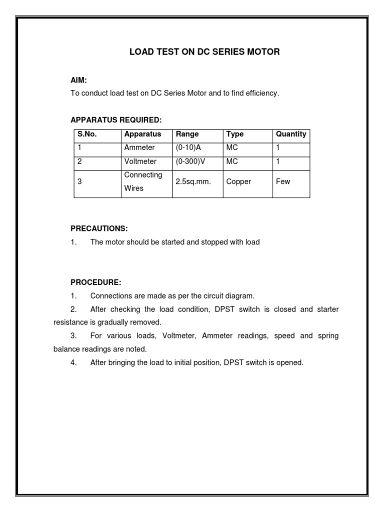Load Test On DC Series Motor | PDF | Electric Motor | Power (Physics)