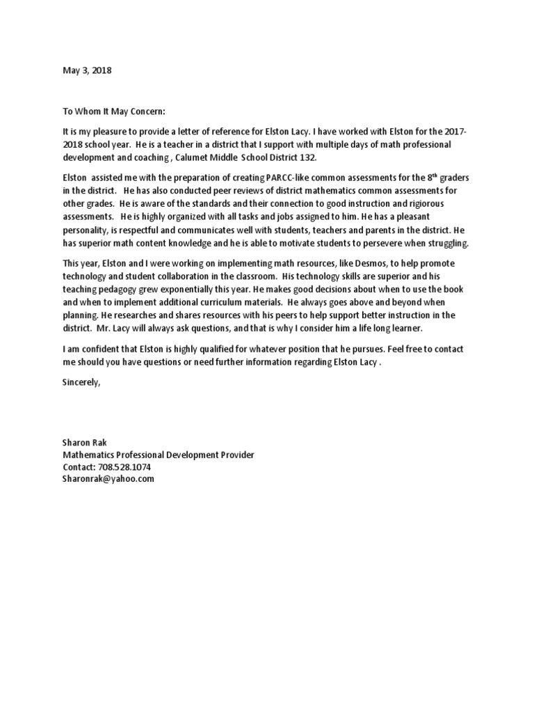 Letter of Reference Sharon Rak | PDF | Educational Psychology | Teachers