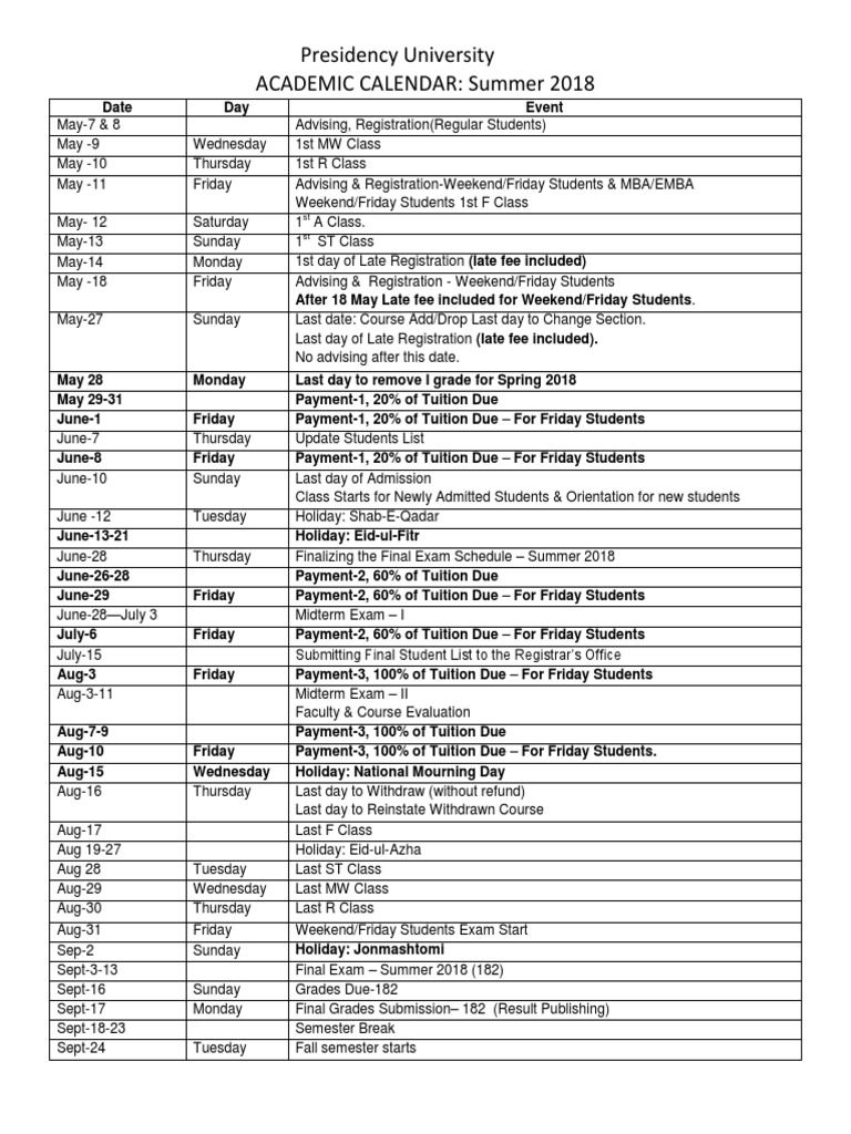 Summer 2018 Academic Calendar | PDF | Academic Term | Academia