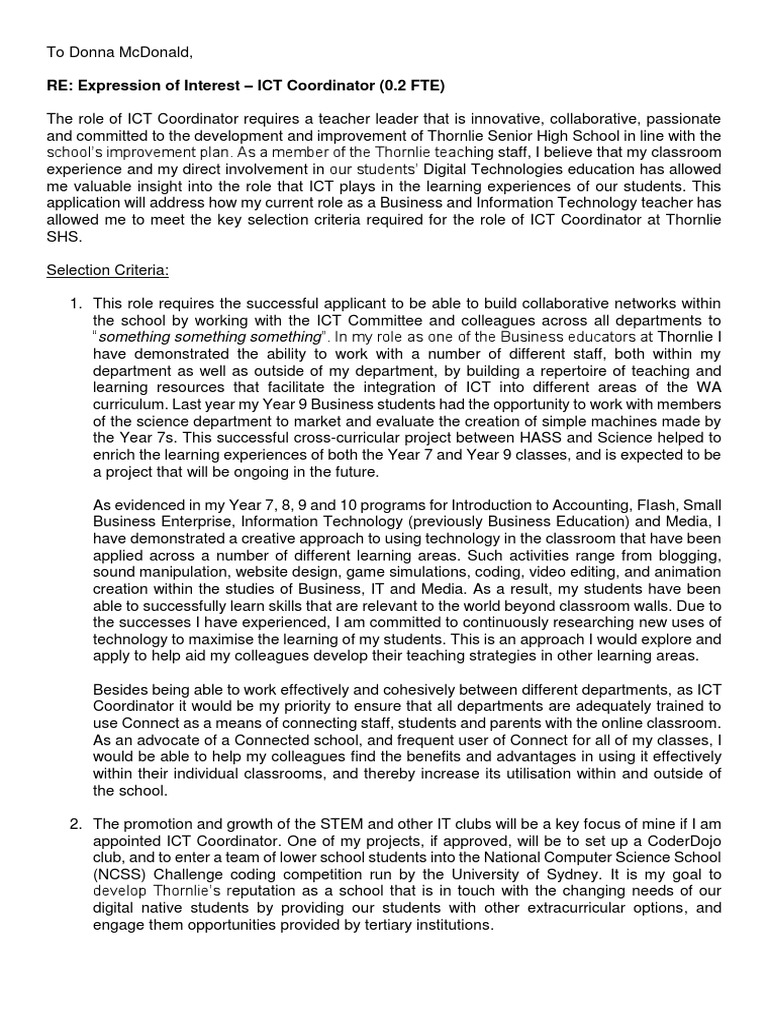 ICT Coordinator Expression of Interest 2017 | PDF | Science, Technology ...