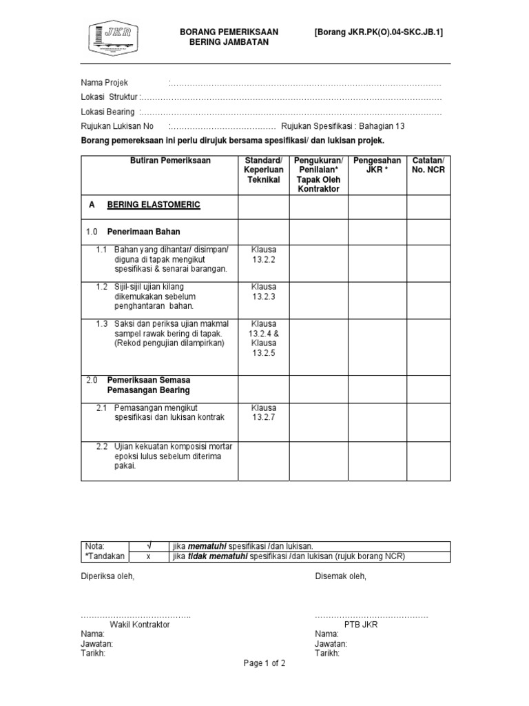 Inspection Form for Bridge Bearings | PDF