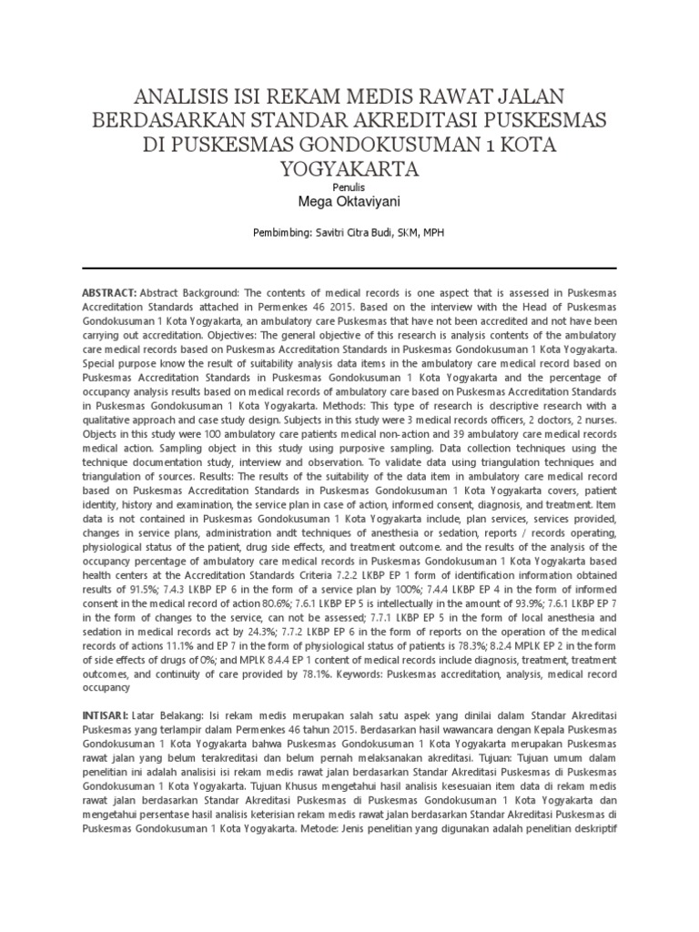 Analisis Isi Rekam Medis Rawat Jalan Berdasarkan Standar Akreditasi ...