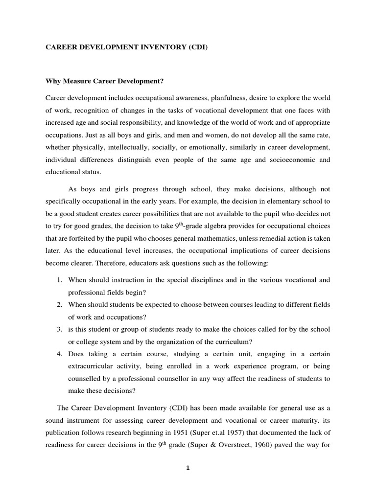 Career Development Inventory | PDF | School Counselor | Decision Making