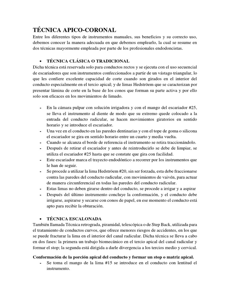 Técnicas de Endodoncia Apico-Coronal | PDF | Detergente | Ácido ...