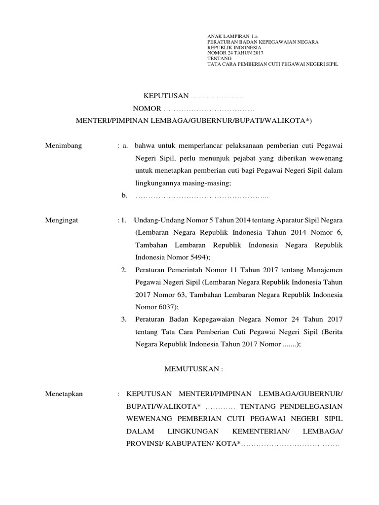 Lampiran 1a PerBKN 24 Tahun 2017 Contoh Pendelegasian Wewenang ...