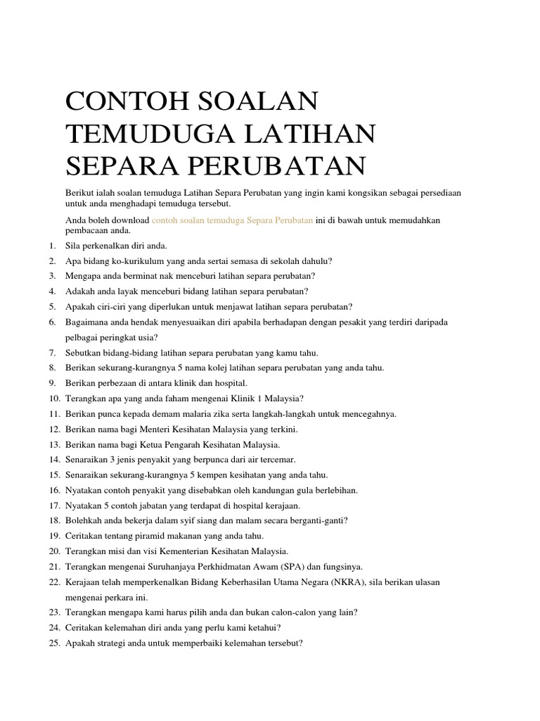 Contoh Soalan Temuduga Latihan Separa Perubatan Pdf
