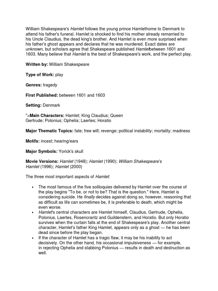 Hamlet: Written By: Type of Work: Genres: First Published: Setting ...