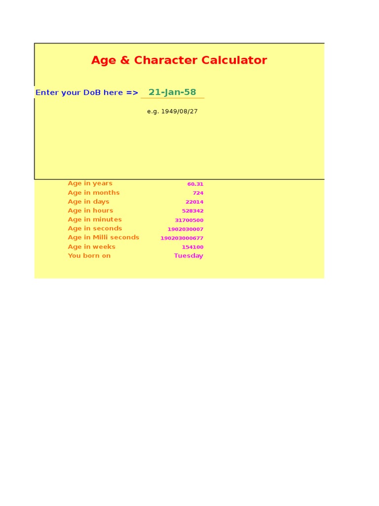 Age & Character Calculator: Enter Your Dob Here | PDF