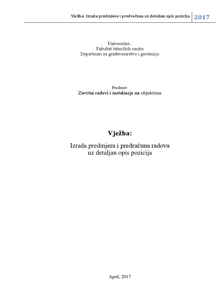 Vježba - Izrada Predmjera I Predračuna Radova | PDF