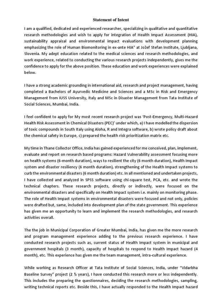 Statement of Intent | PDF | Hazards | Risk