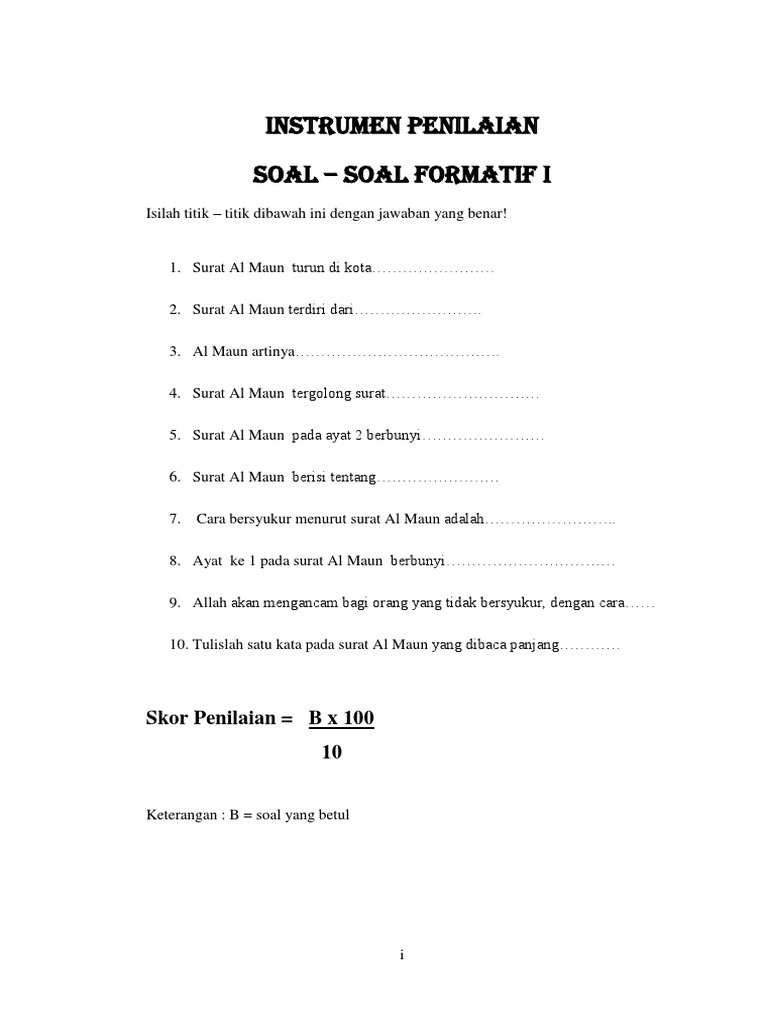 Instrumen Penilaian Soal - Soal Formatif I: Skor Penilaian B X 100 10 | PDF