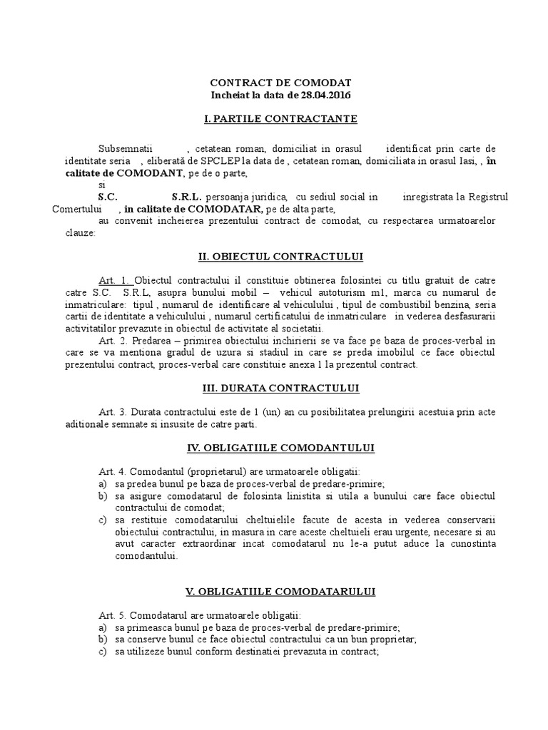 Contract de Comodat - Model | PDF