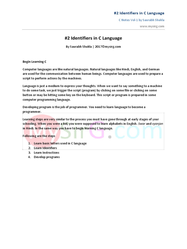 #2 Identifiers in C Language PDF | PDF | Reserved Word | C (Programming ...