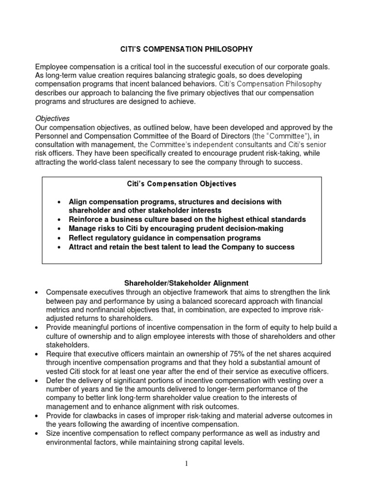 CITIBANK Comp Phil Policy | PDF | Citigroup | Incentive