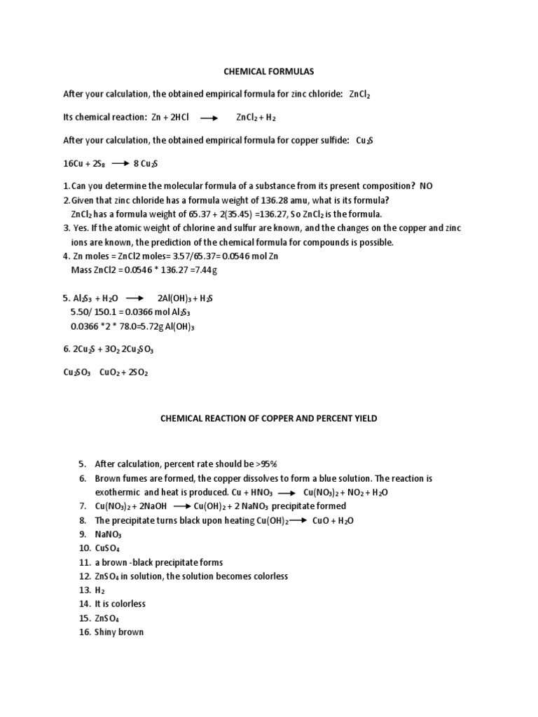 Chemical Formulas Answer Keys | PDF | Chemical Substances | Zinc