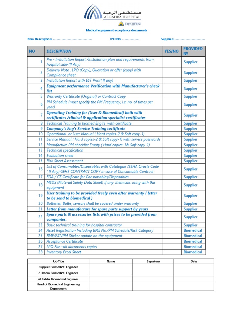 New Equipment Acceptance Form-Final | PDF | Biomedical Engineering | Science And Technology