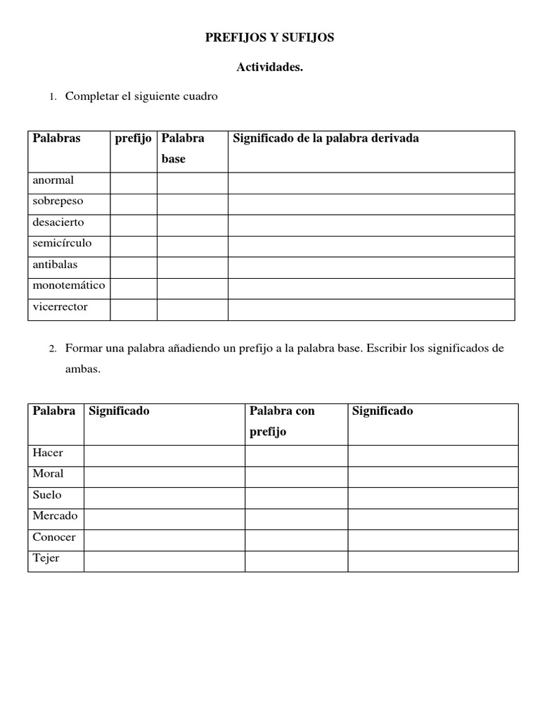 Actividades de Prefijos y Sufijos | PDF
