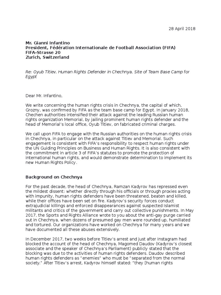 Fifa Joint Letter Eng Final For Publication | PDF | Chechnya | Fifa