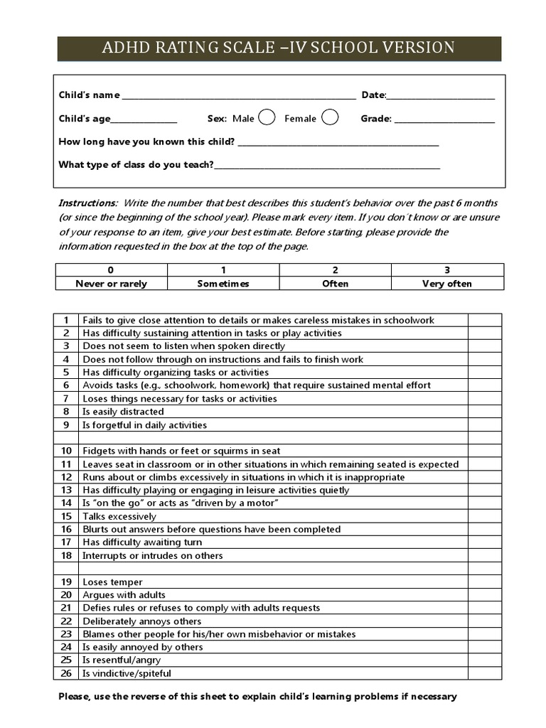 ADHD Rating Scale IV for Schools | PDF