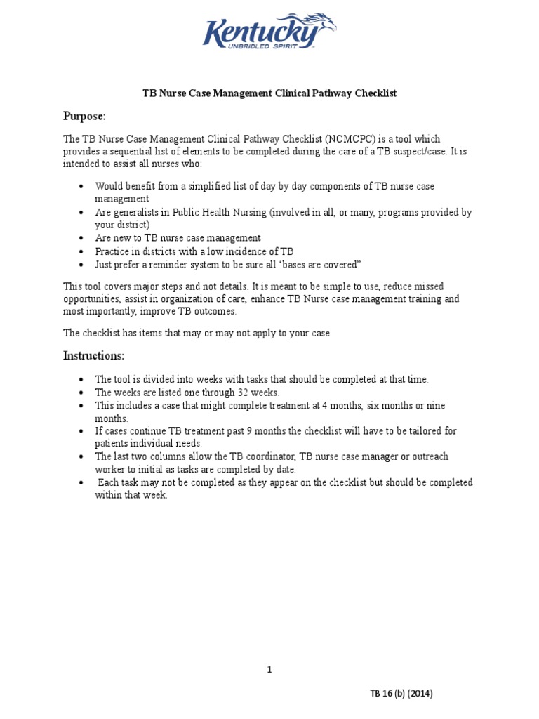 Purpose:: TB Nurse Case Management Clinical Pathway Checklist | PDF ...
