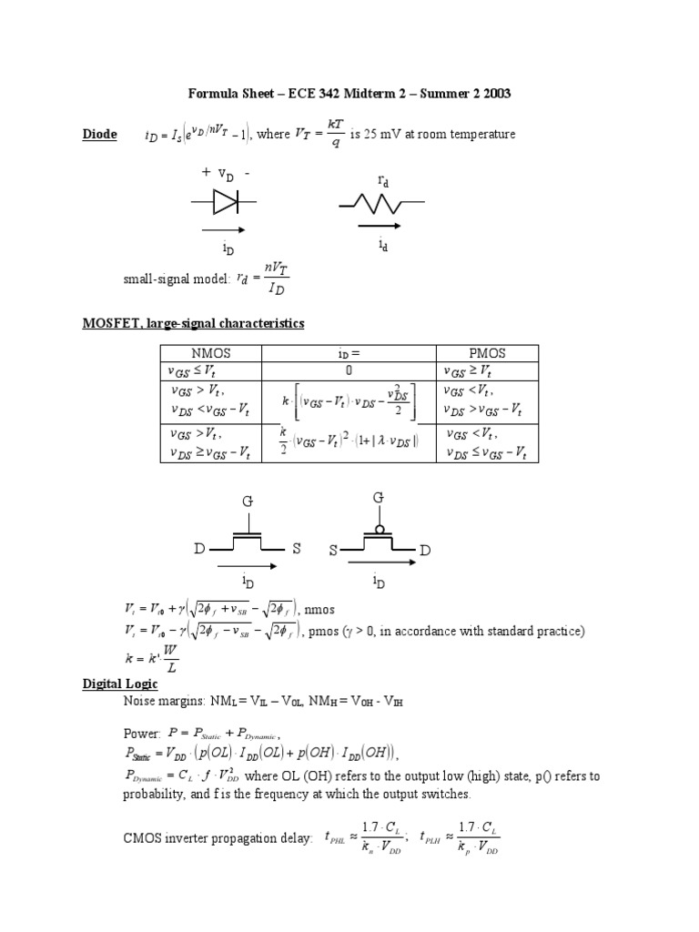 Formula Sheet - ECE 342 Midterm 2 - Summer 2 2003 Diode: Q KT V | PDF ...