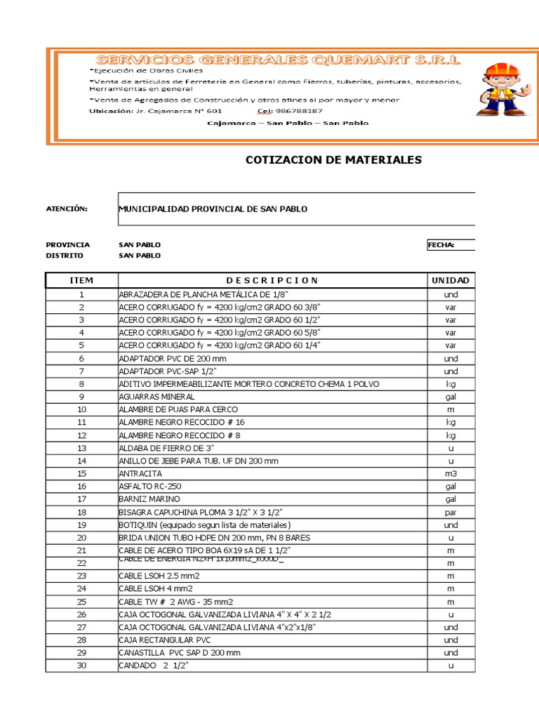Cotización de materiales para construcción | PDF